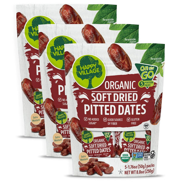Happy Village Organic Soft Dried Pitted Dates On-the-Go Packs, 3 Bags